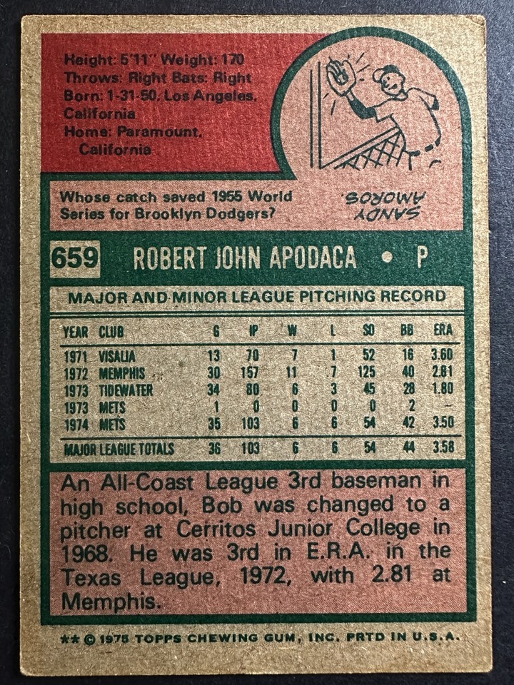 Bob Apodaca 1975 Topps Baseball Card New York Mets #659 | eBay