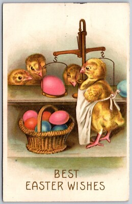 Postcard Easter Wishes Chick Store Clerk Weighing Egg Fantasy Embossed ...