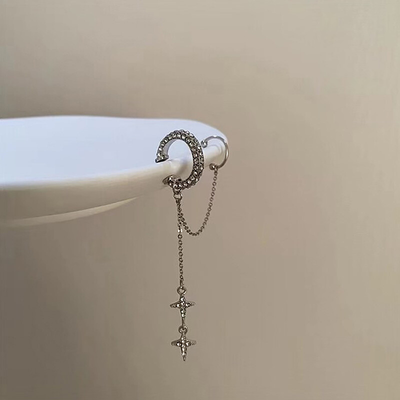 Shiny Silver Color Crystal Tassel Non-Piercing Cuff Ear Clip Earring ...