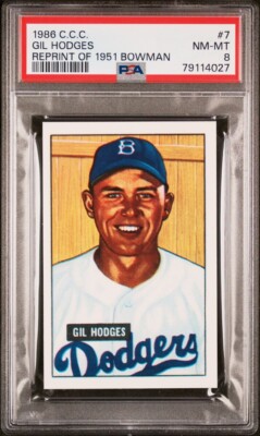 Gil Hodges 1986 CCC Card 1951 Bowman Reprint #7 Dodgers PSA 8 W/ 1 ...