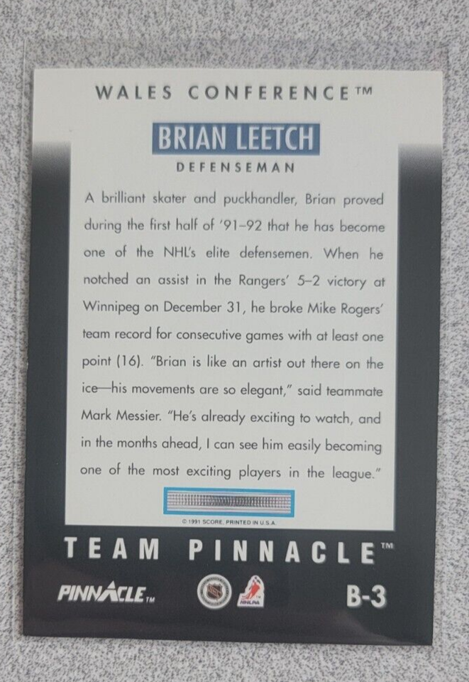 1991-92 Pinnacle BRIAN LEETCH Team Pinnacle Insert Card #B3 - NEW YORK ...