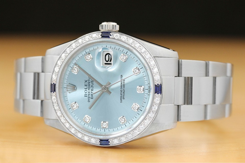 MENS ROLEX DATEJUST ICE BLUE 18K WHITE GOLD DIAMOND SAPPHIRE & STEEL ...