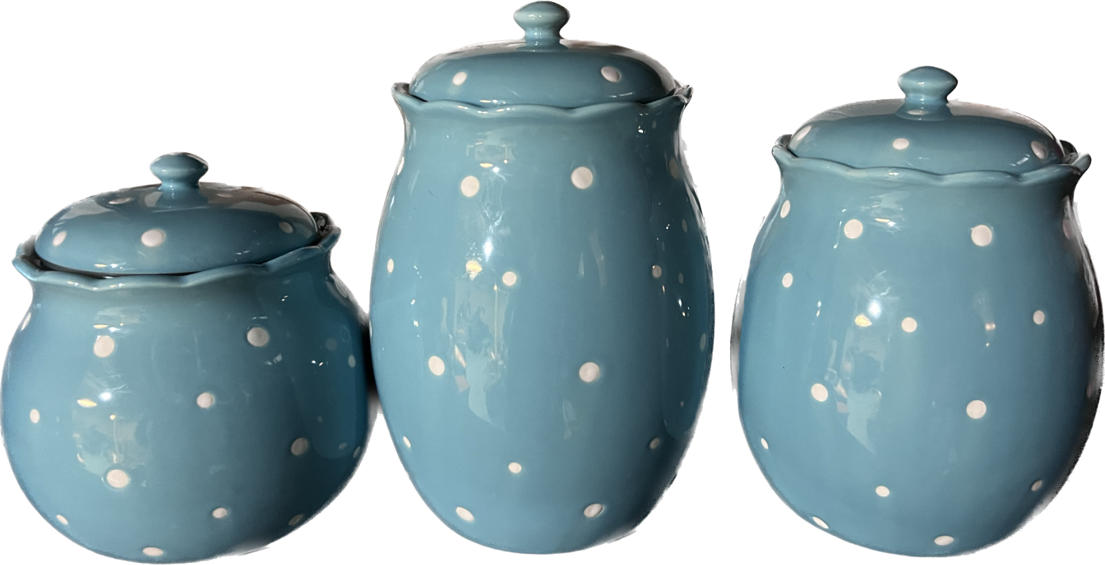 6 pc- Temptations Canister set. Blue polka dot. 3 canisters with lids ...