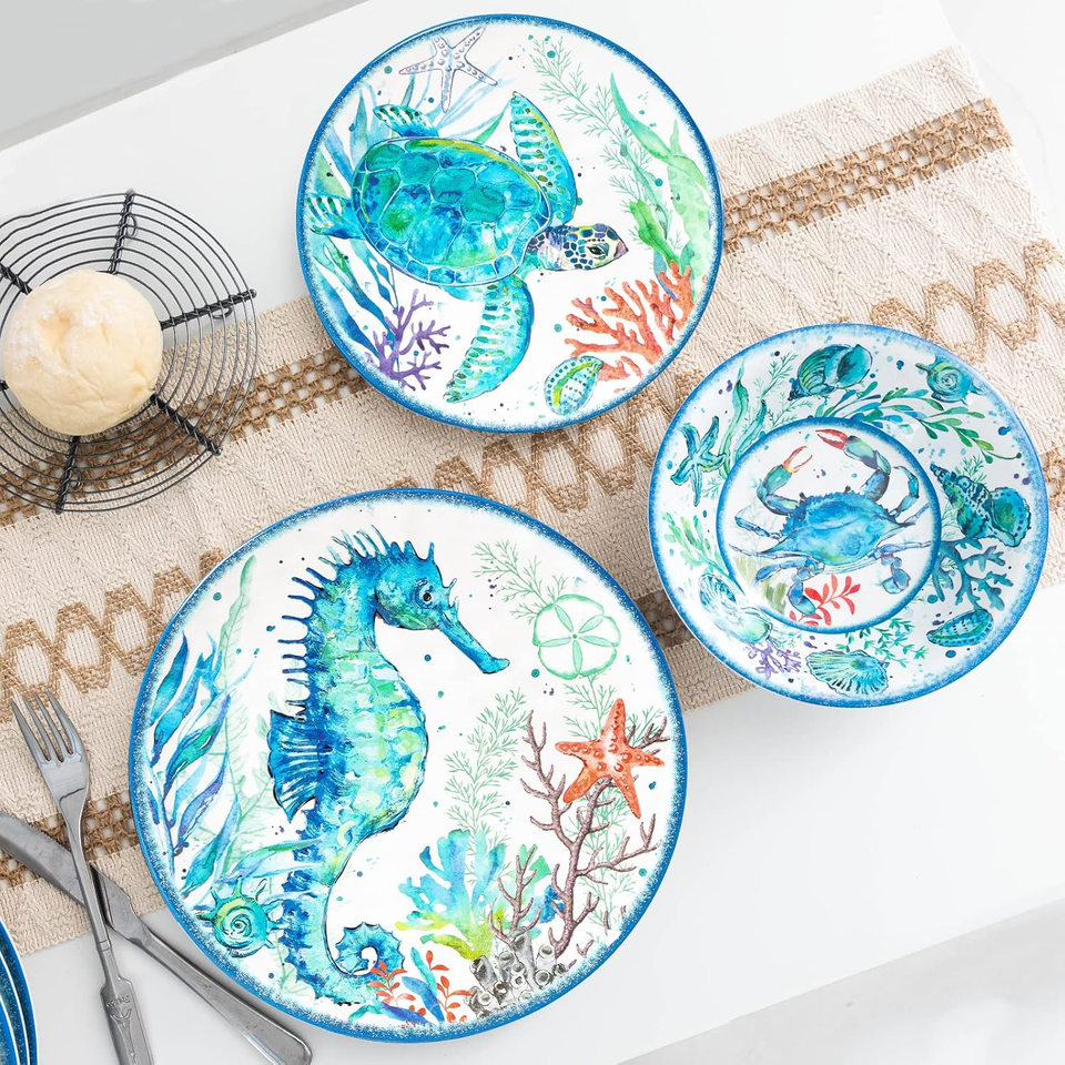 12-Piece Melamine Beach Dinnerware Set, Coastal Plates and Bowls Sets ...