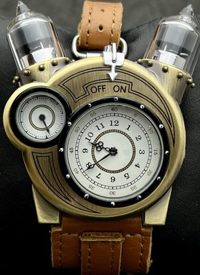 New ThinkGeek Men's 50mm TESLA WATCH Steampunk Styled Gold Tan Leather ...