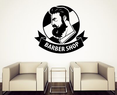 Vinyl Wall Stickers Barber Shop with Ribbon logo (n679) | eBay