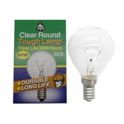 Bell 60W SES Cap Clear Round Tough Lamp Bulb, Long Life, Durable Tough ...