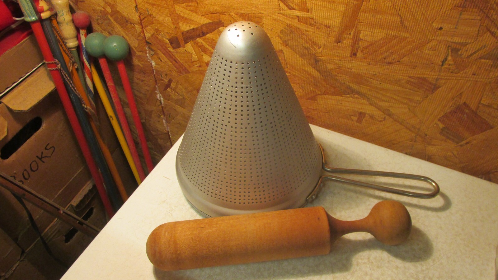 Vintage Aluminum Colander Strainer Juicer & Wood Pestle | eBay