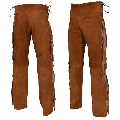 Men’s Native American Brown Suede Leather Pants with Fringes Wild West ...