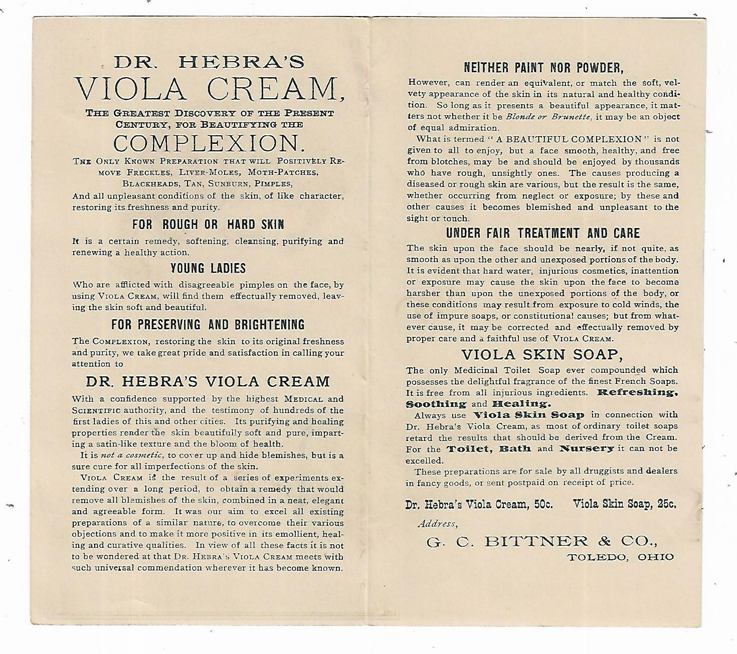 Old Trade Card Dr. Hebra's Viola Cream Skin Soap Medicinal GC Bittner ...