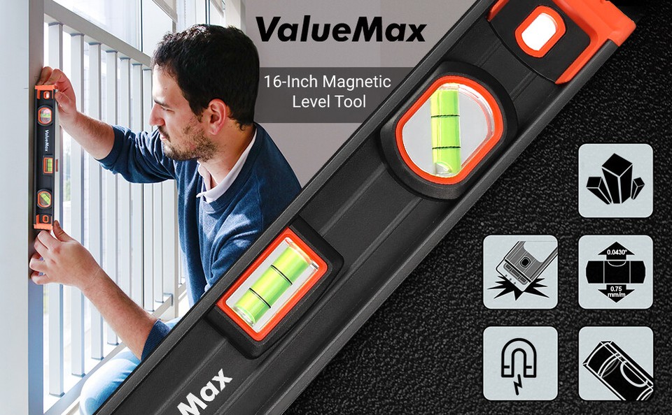 ValueMax 16-Inch Level Magnetic Level Tool w/3 High-visibility Vials ...