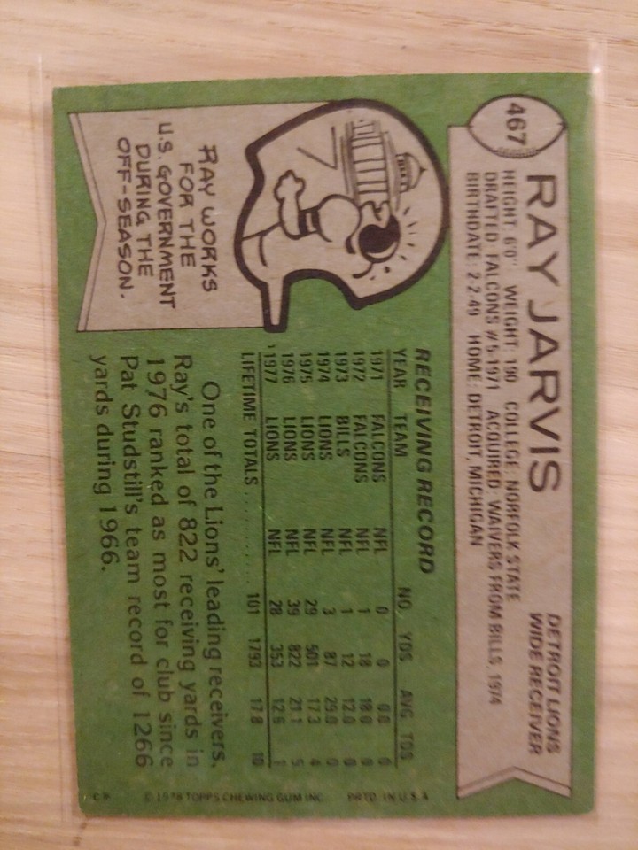 1978 Ray Jarvis Lions Topps Card 467 Free Shipping | eBay