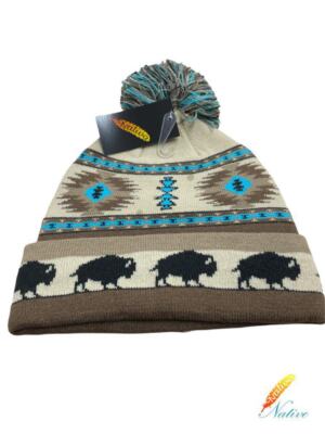 New! Nativo Tan & brown BUFFALO AZTEC BEANIE WINTER HAT w/ Pom pom ...
