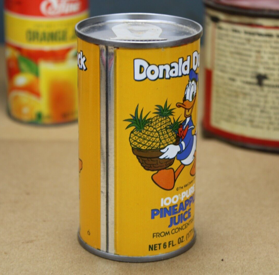 GRAPHIC NEAR MINT ~ late 1970s era DONALD DUCK PINEAPPLE JUICE Old 6 oz ...