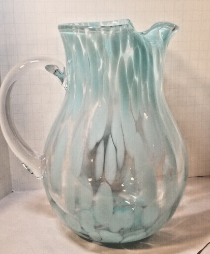 Hand Blown Aqua White Confetti Glass Pitcher Art Glass Heavy 9" | eBay