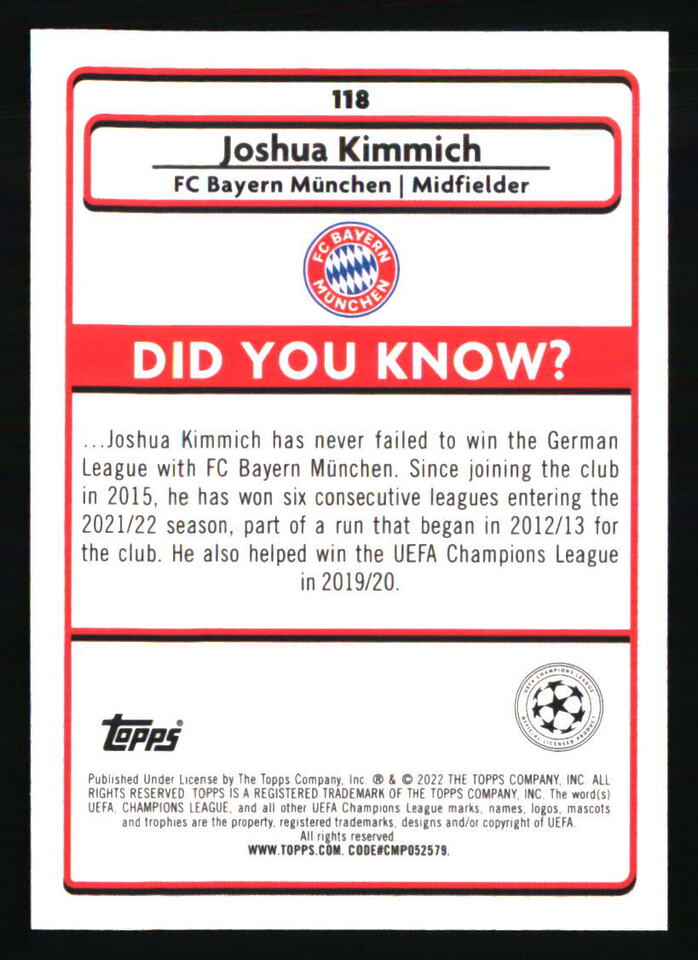 Joshua Kimmich 2021-22 Merlin Chrome UEFA Champions League #118 SOCCER ...