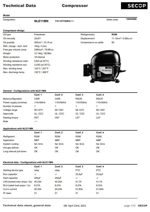 Secop NLE11MN R290 Refrigeration Compressor 4167 BTU MBP 115V 60 Hz 1 ...
