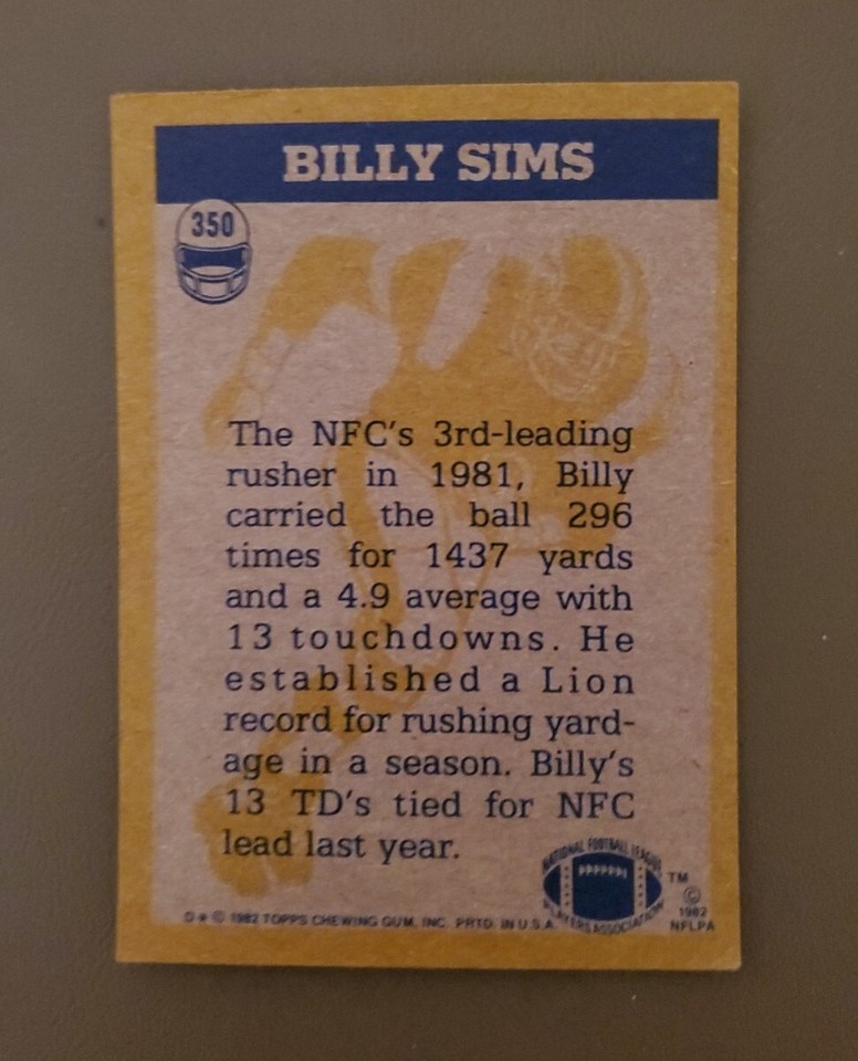 1982 Topps Football Billy Sims In Action Card #350 | eBay