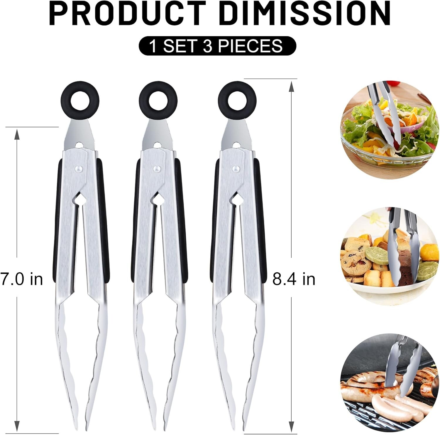 Small Kitchen Tongs Set of 3 Stainless Steel Mini Serving Tongs Salad ...