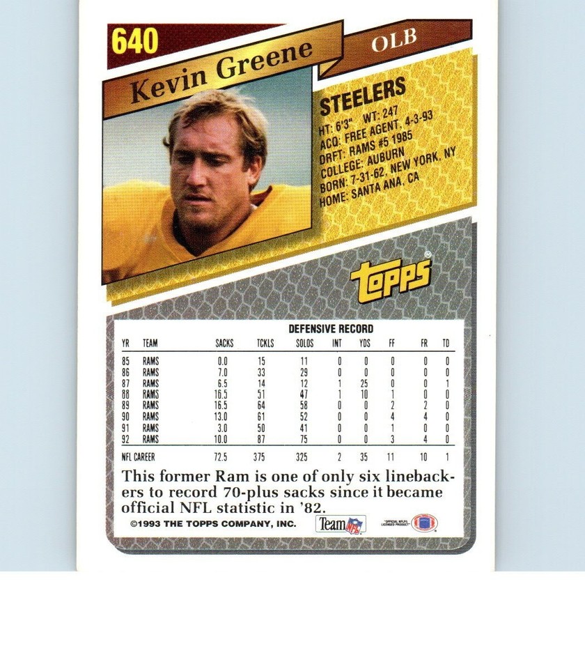 Kevin Greene 640 Steelers 1993 Topps NFL Football Trading Card | eBay