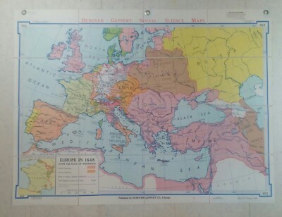 1964 DENOYER GEPPERT H12 EUROPE 1648 FOLDING CLOTH SCHOOL MAP 33" x 43. ...