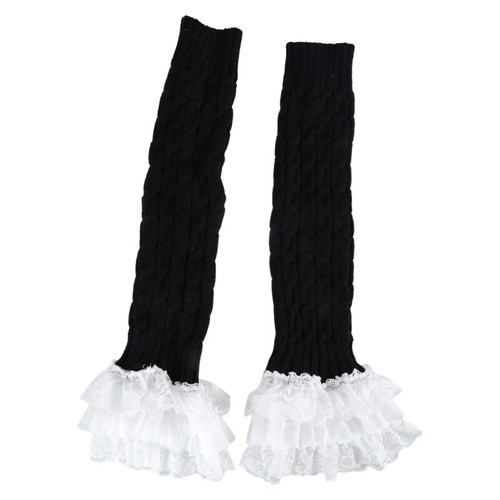 Women Cute Bowknot Cable Knit Boot Cuffs Tiered Ruffle Lace Patchwork ...