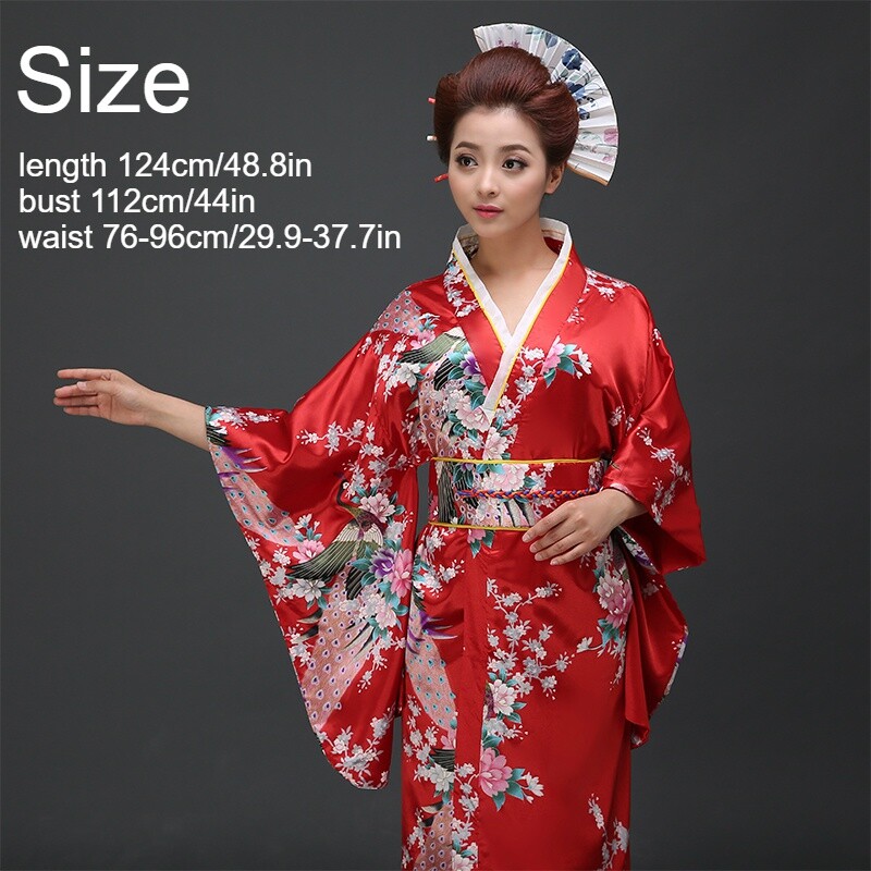 Women Floral Japanese Kimono Satin Robe Yukata Geisha Costume Show ...