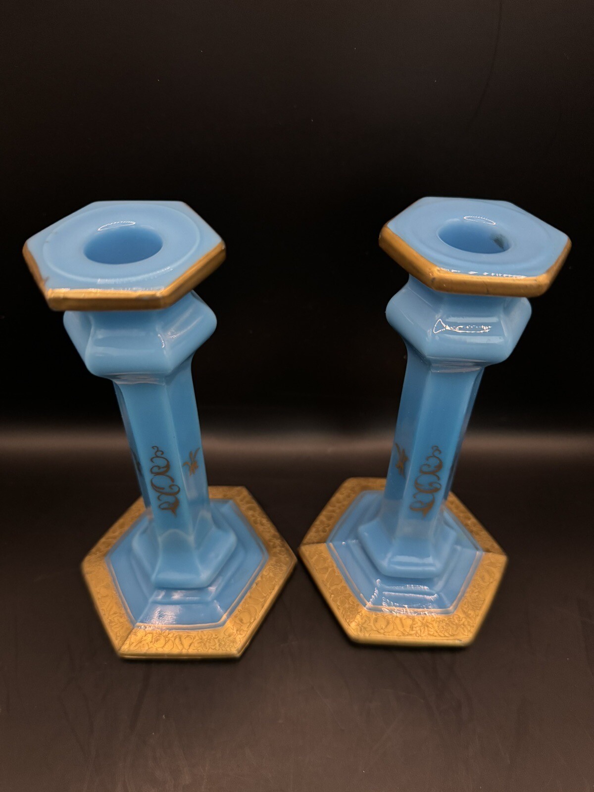 Cambridge Glass Elegant Pair Candlesticks Azurite Hand Painted with ...