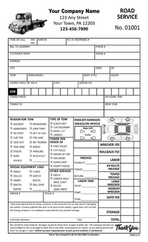 Towing Road Service Forms / 2 or 3 Part Carbonless / 5.5 x 8.5 / TMG171 ...