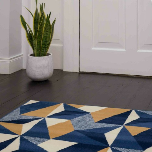 Navy Blue Geometric Rug for Living Room | Grey Stylish Extra Long ...
