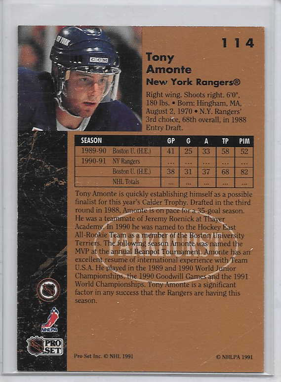 1991-92 Tony Amonte Rookie Parkhurst Hockey Card #114 New York Rangers ...