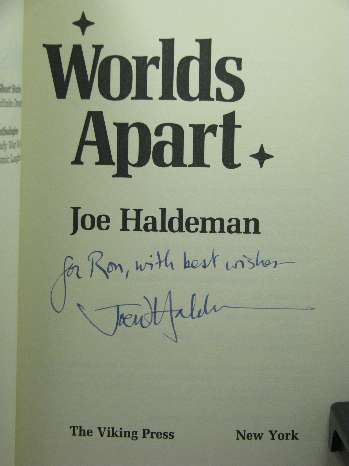 1st, signed by author, Worlds Trilogy 2: Worlds Apart by Joe Haldeman ...