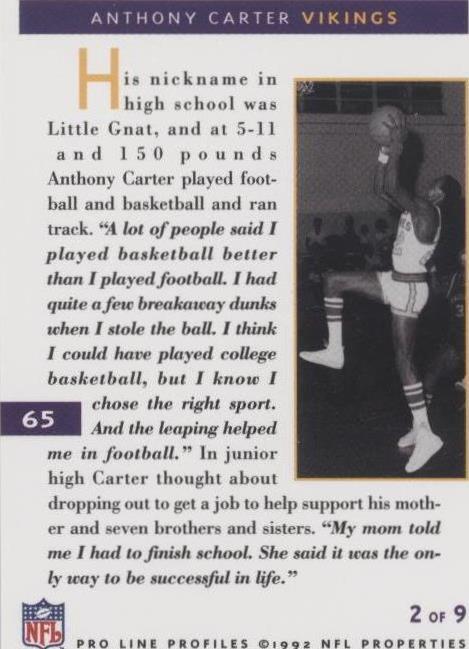 Las mejores ofertas en 1992 Pro Line Profiles Anthony Carter #65 | eBay