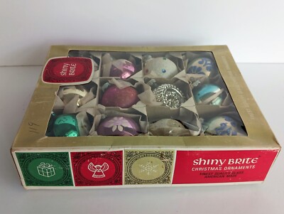 Vintage Shiny Brite Box 12 Glass Christmas Tree Assorted Ornaments Lot ...