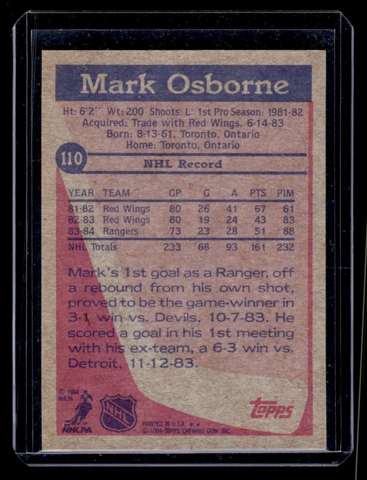 Mark Osborne 1984 Topps #110 New York Rangers | eBay