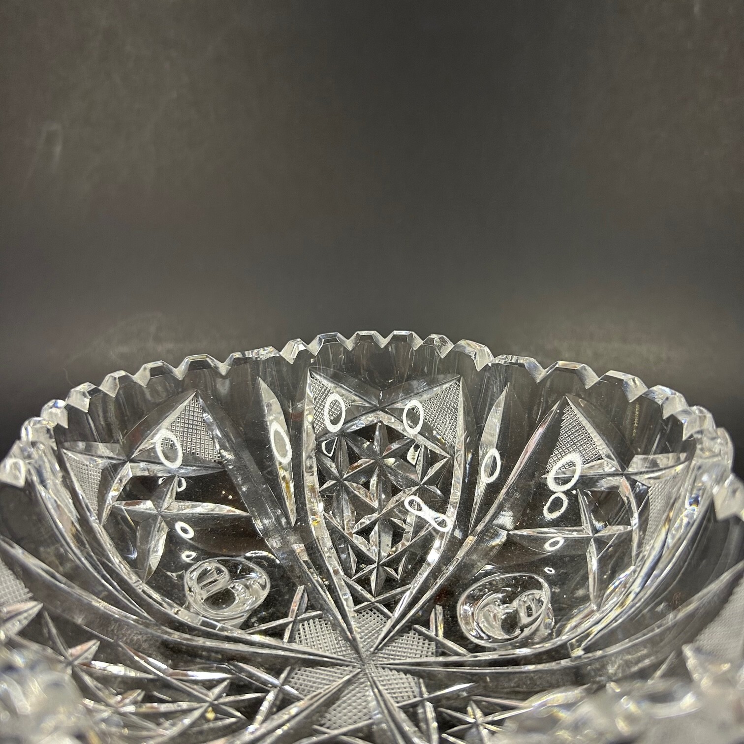 European Cut Crystal Nut Dish with Scalloped Toothed Edge 3 Applied ...