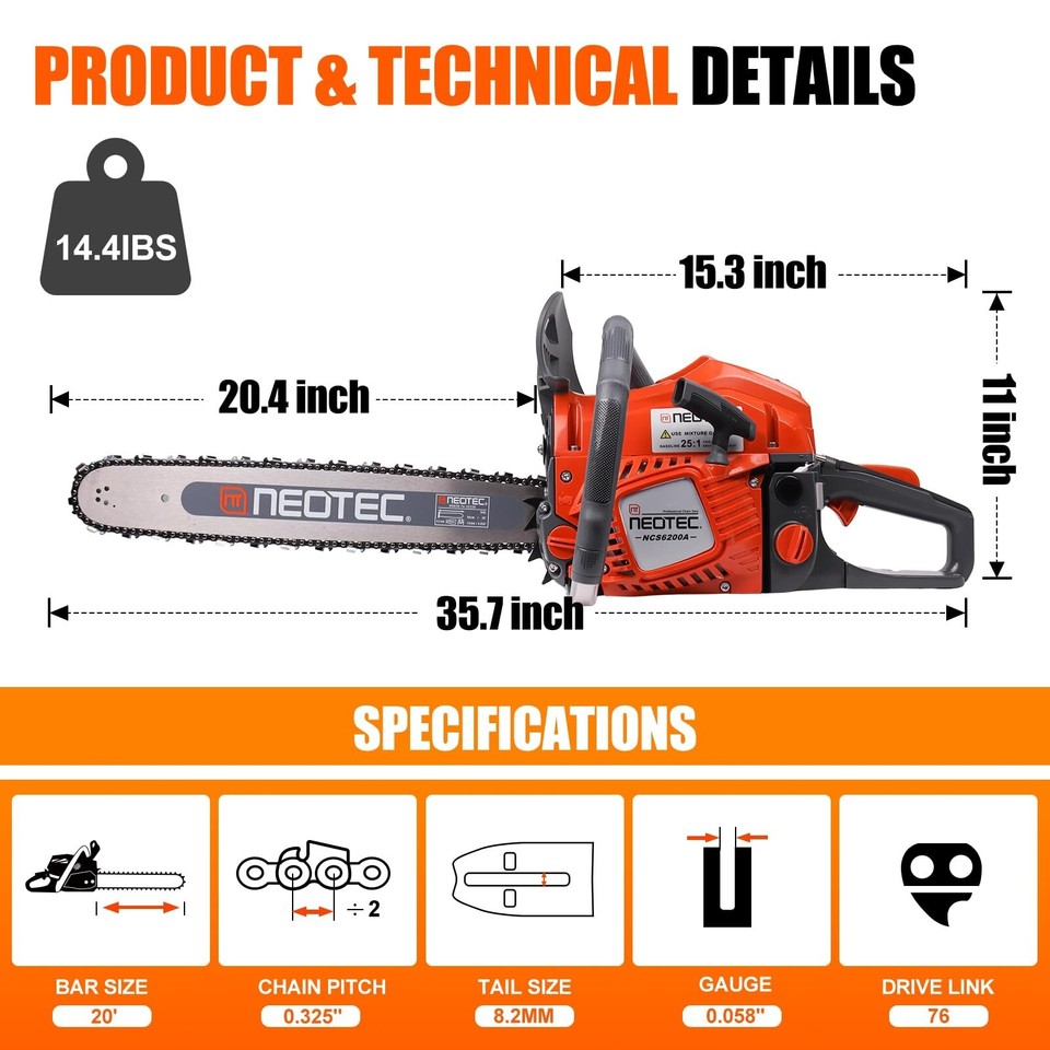 62CC Upgraded 20" Gasoline Chainsaw Gas Powered Wood Cutting Engine Gas ...