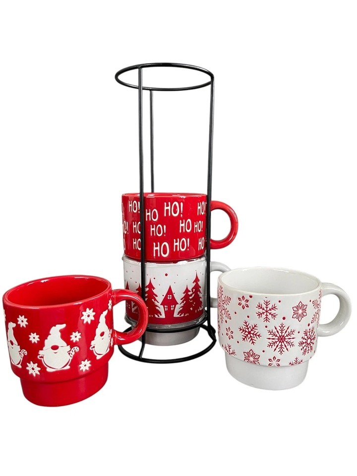 Signature Houseware Holiday Stoneware Mugs wire tower 4 mugs with wire ...