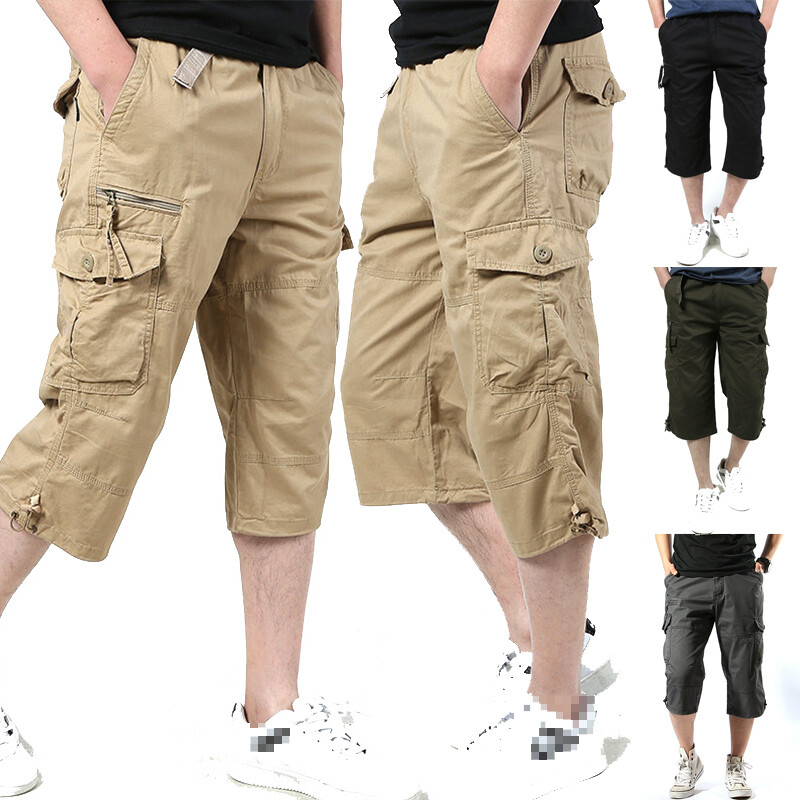 Mens Capri Short Pants Baggy Cargo Rope 3/4 Long Camo Beach Shorts Work ...