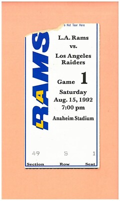 Los Angeles Raiders at Los Angeles Rams 8-15-1992 ticket stub Topps ...