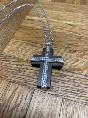 Stunning Brighton Cross Pendant Wood Silver & Crystals Reversible w ...