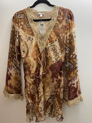 NEW NWT Womens CACHE Brown Tan Beige Burgandy Print Embellished Tunic ...