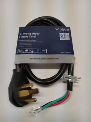 Whirlpool 4-Prong Dryer Power Cord 6ft, 10 Gauge 30 Amp 250 Volt PT600L ...