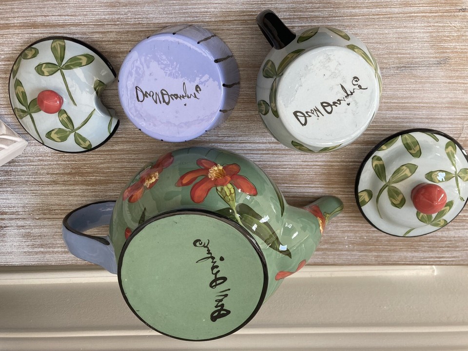 Droll Designs Tea Set Teapot Sugar Creamer Whimsical Art Pottery USA | eBay