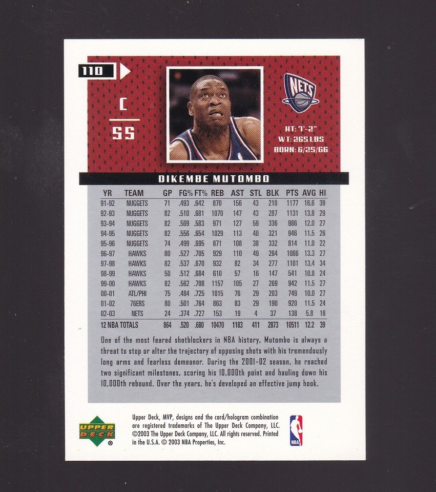 2003-04 Upper Deck MVP Dikembe Mutombo #110 New Jersey Nets | eBay