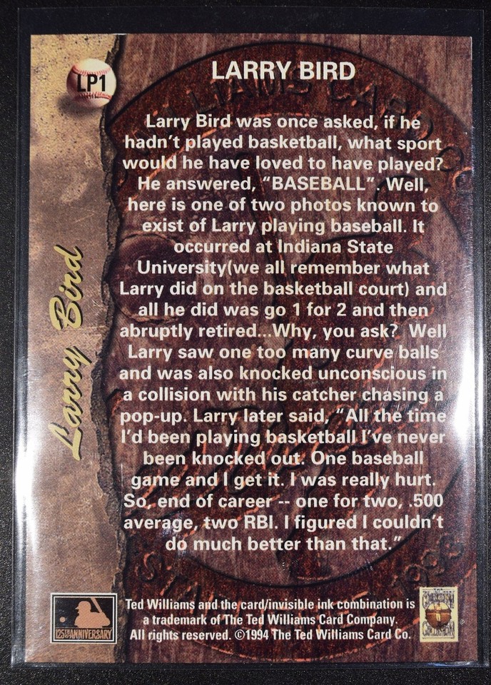 1994 Ted Williams Co, Larry Bird Hall of Fame Baseball Card #LP1 Insert ...