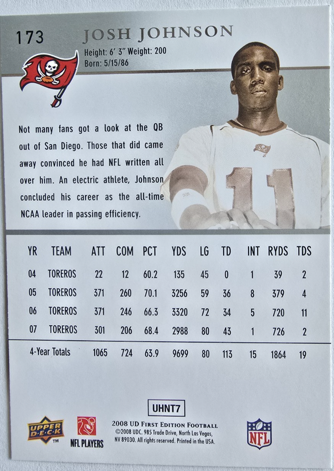 Josh Johnson, 2008 Upper Deck Rookie, Tampa Bay Buccaneers, QB, Card ...