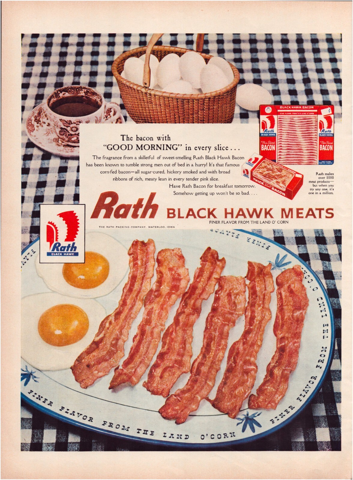 Print Ad Rath Black Hawk Bacon 1957 Full Page Large Magazine 10.5"x13.5 ...