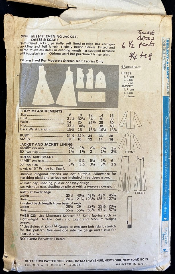 70s Sz 12 B 34 Easy Knits Evening Gown Jacket Scarf Butterick 3993 ...