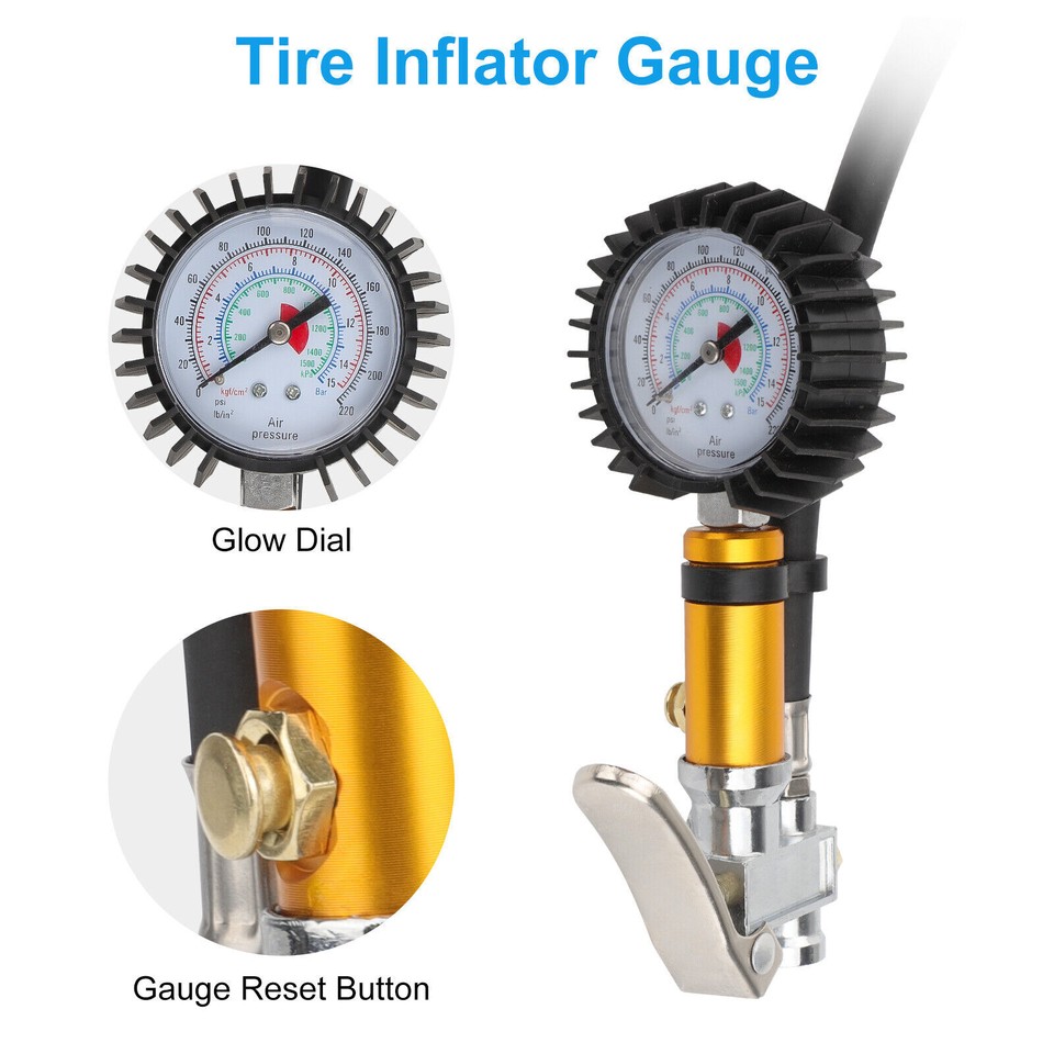 6 " Angle Dual Chuck Air Tire Inflator 220PSI W/Dial Gauge Inflate Car ...